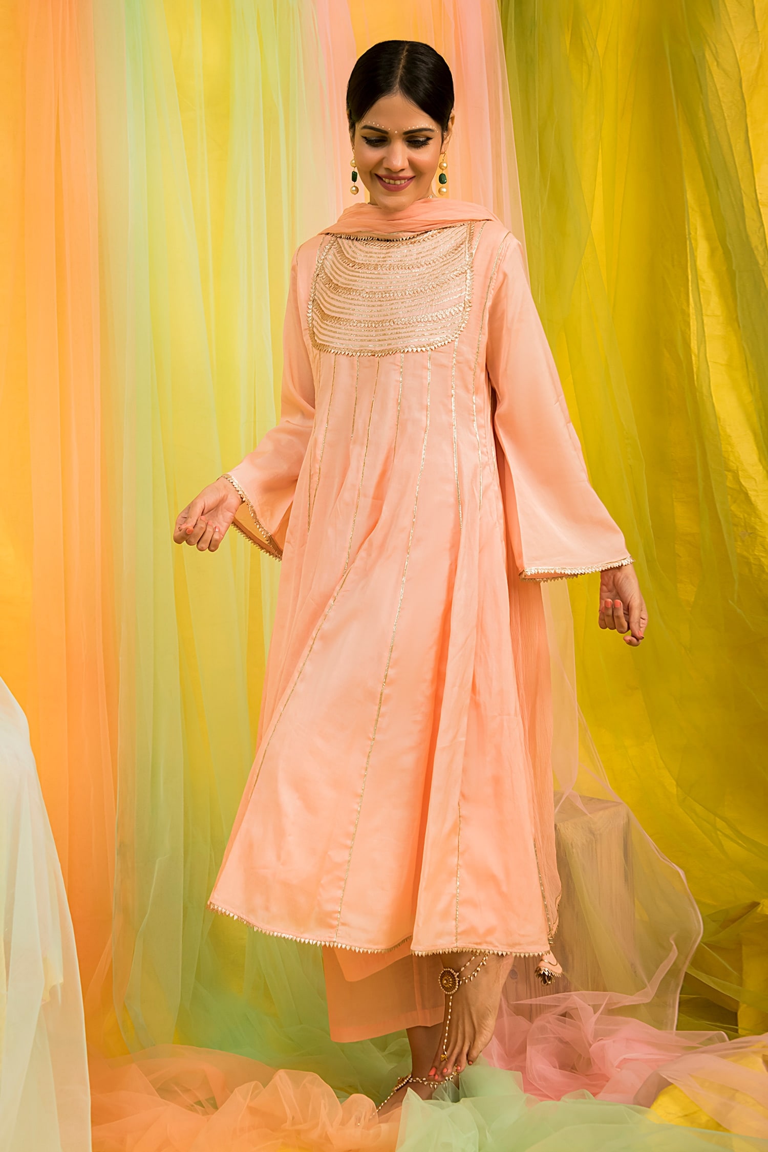 Buy Peach Anarkali And Pant: Cotton Voile Gota Embroidery Bell Sleeve ...