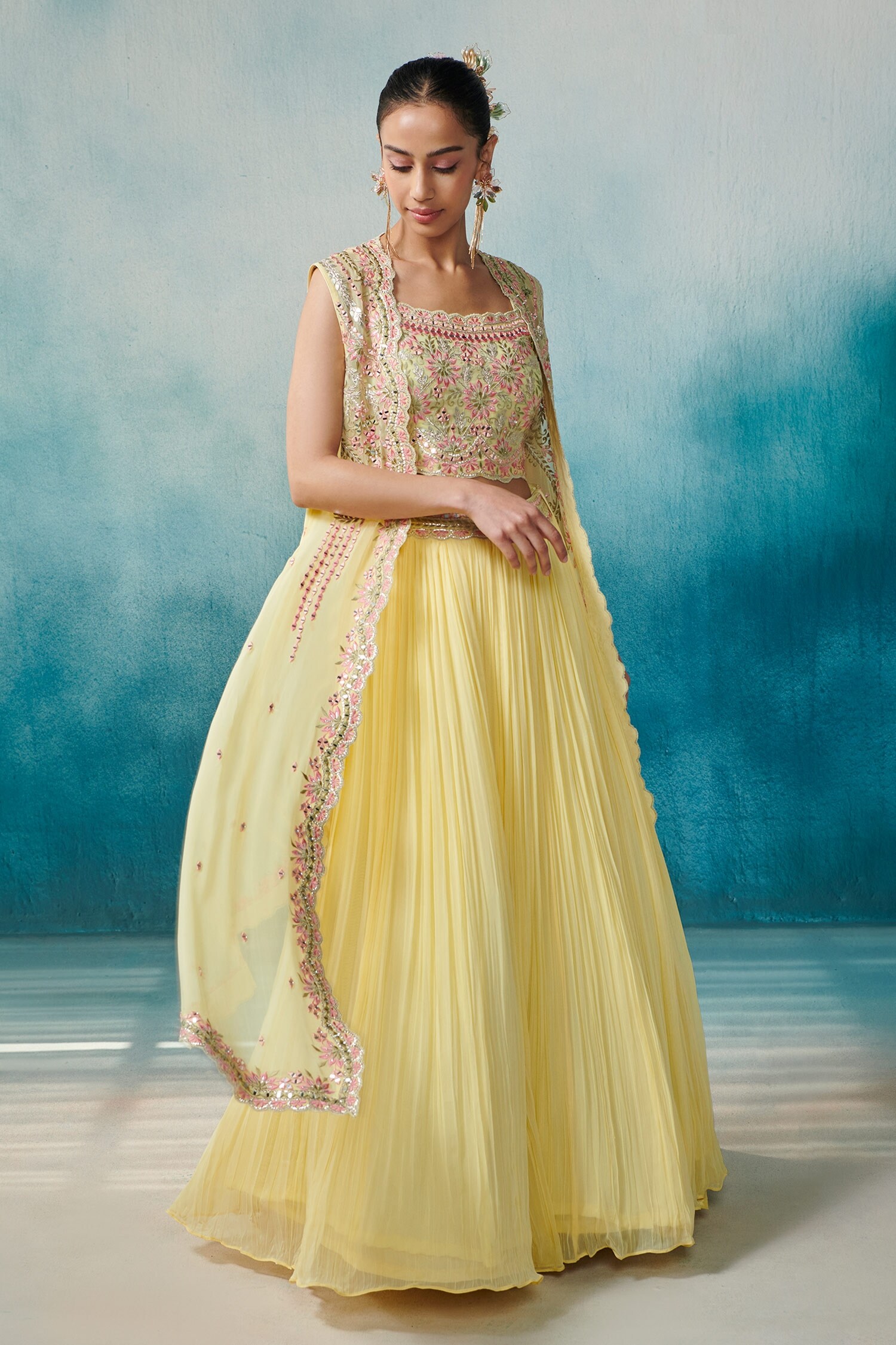 Buy Yellow Georgette Embroidered Floral Round Cape And Pleated Skirt ...