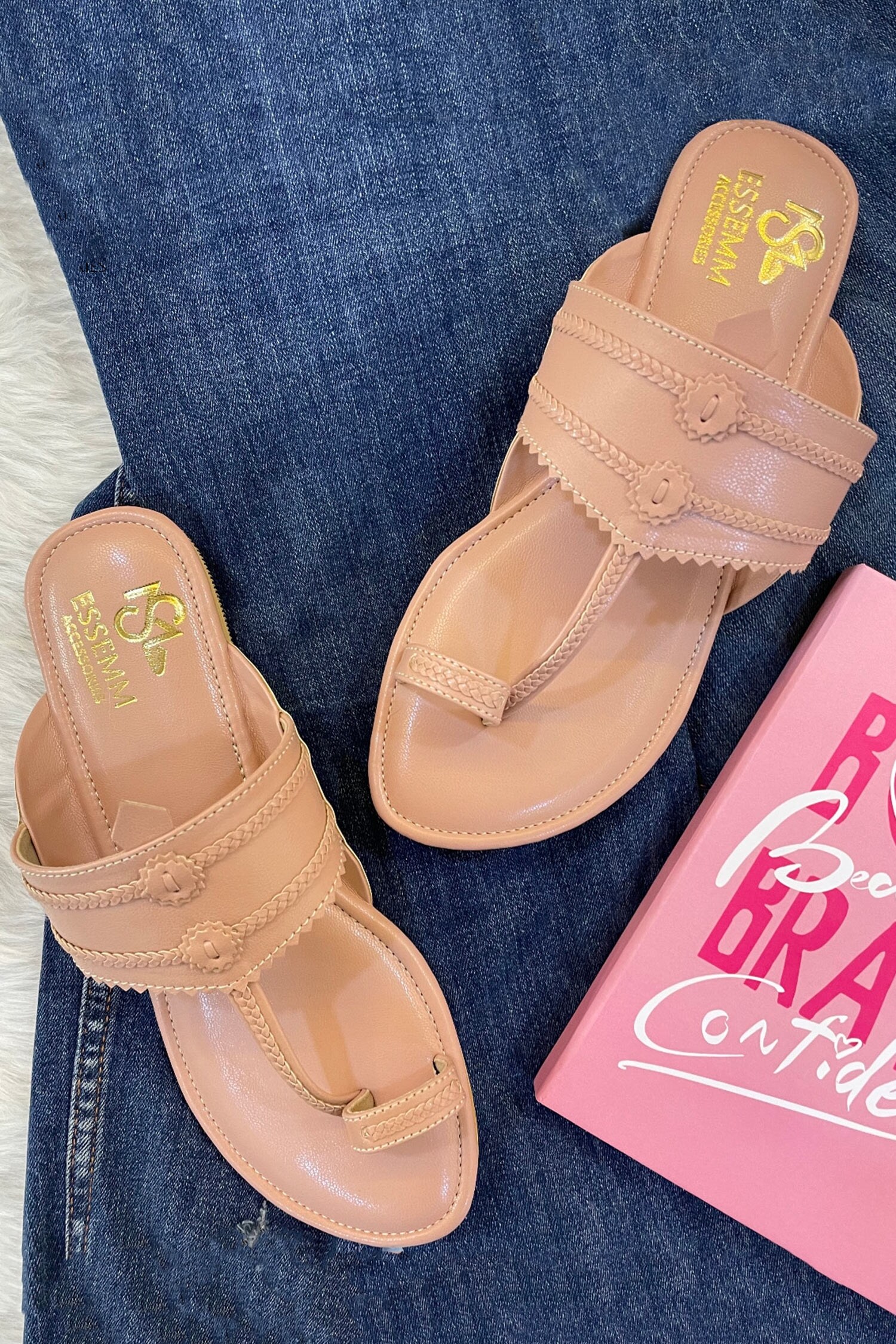 Buy Essem Peach Faux Leather Bora Braided Kolhapuri Flats Online | Aza ...