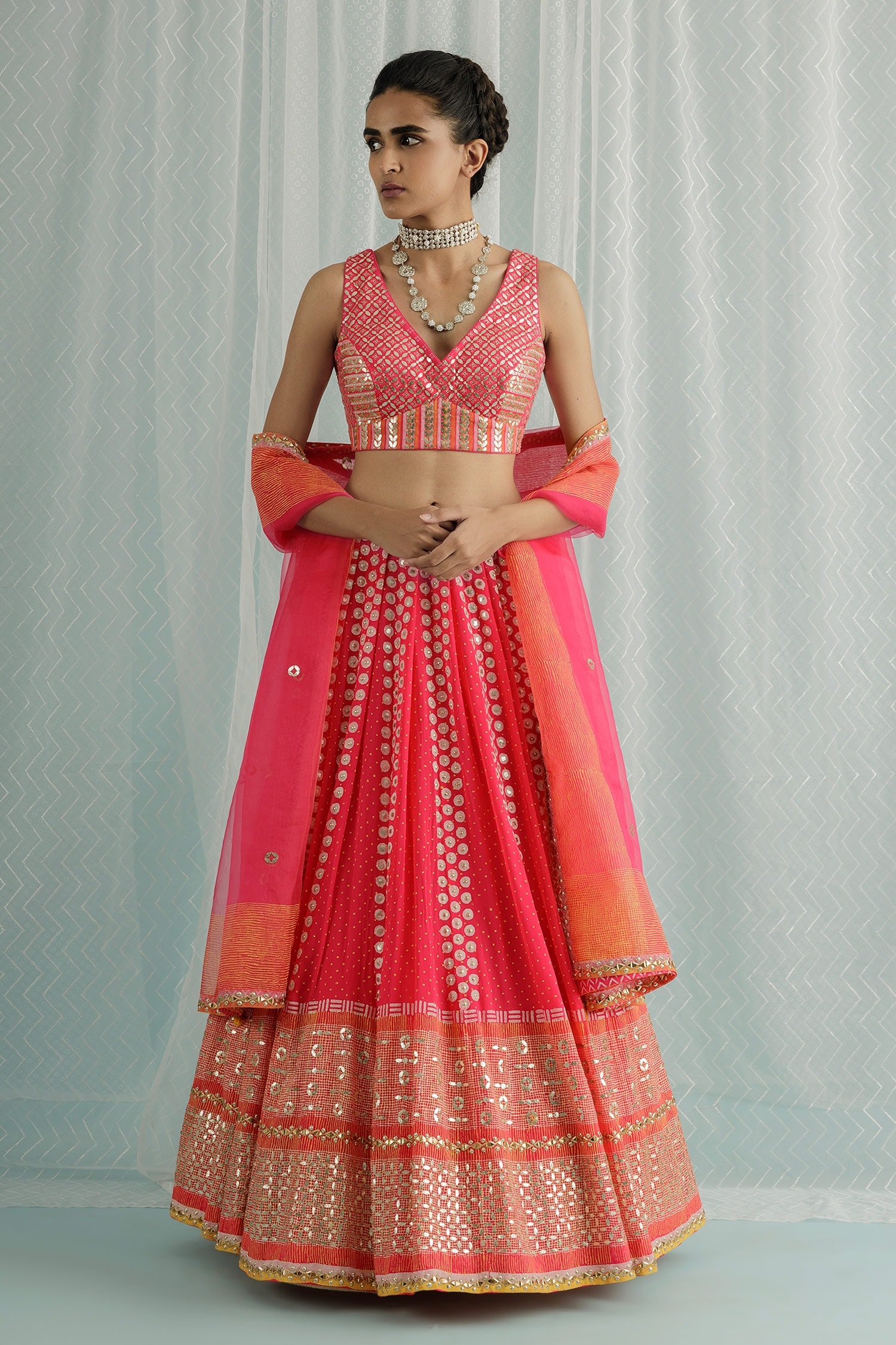 Buy Surbhi Gupta Pink Kara Sphere And Polka Dot Print Lehenga Set ...