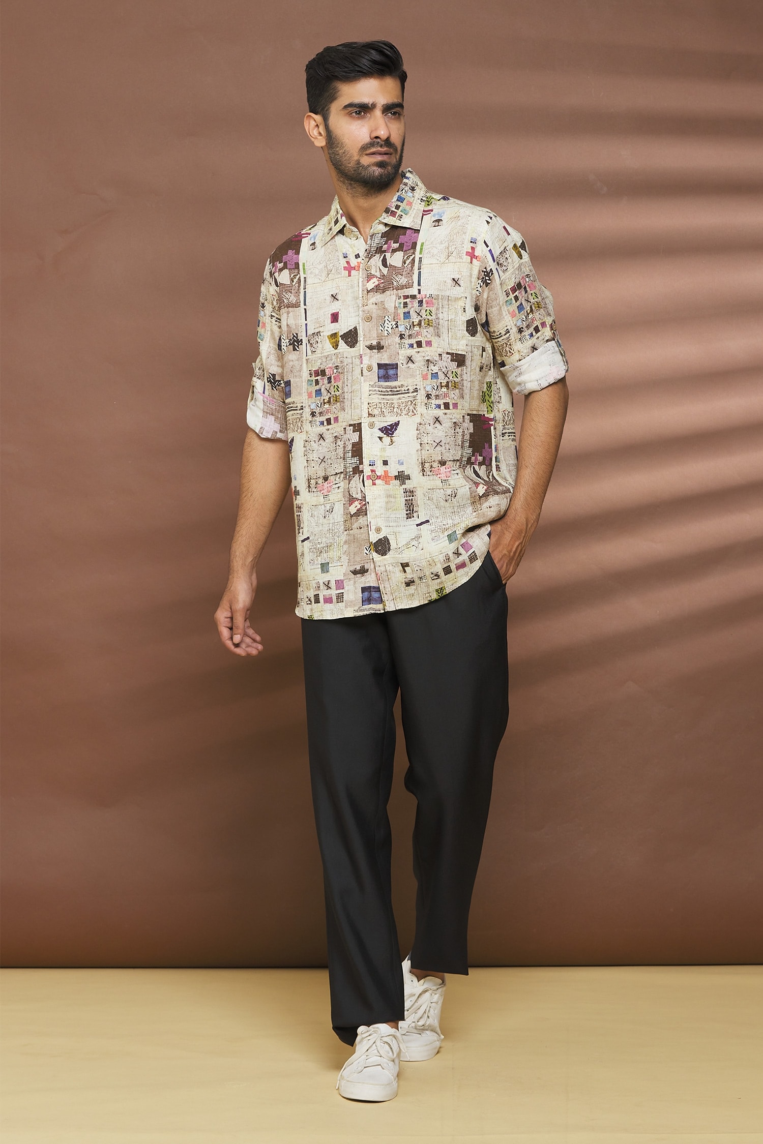 Buy Linen Bloom Multi Color Linen Cross Print Shirt Online | Aza Fashions