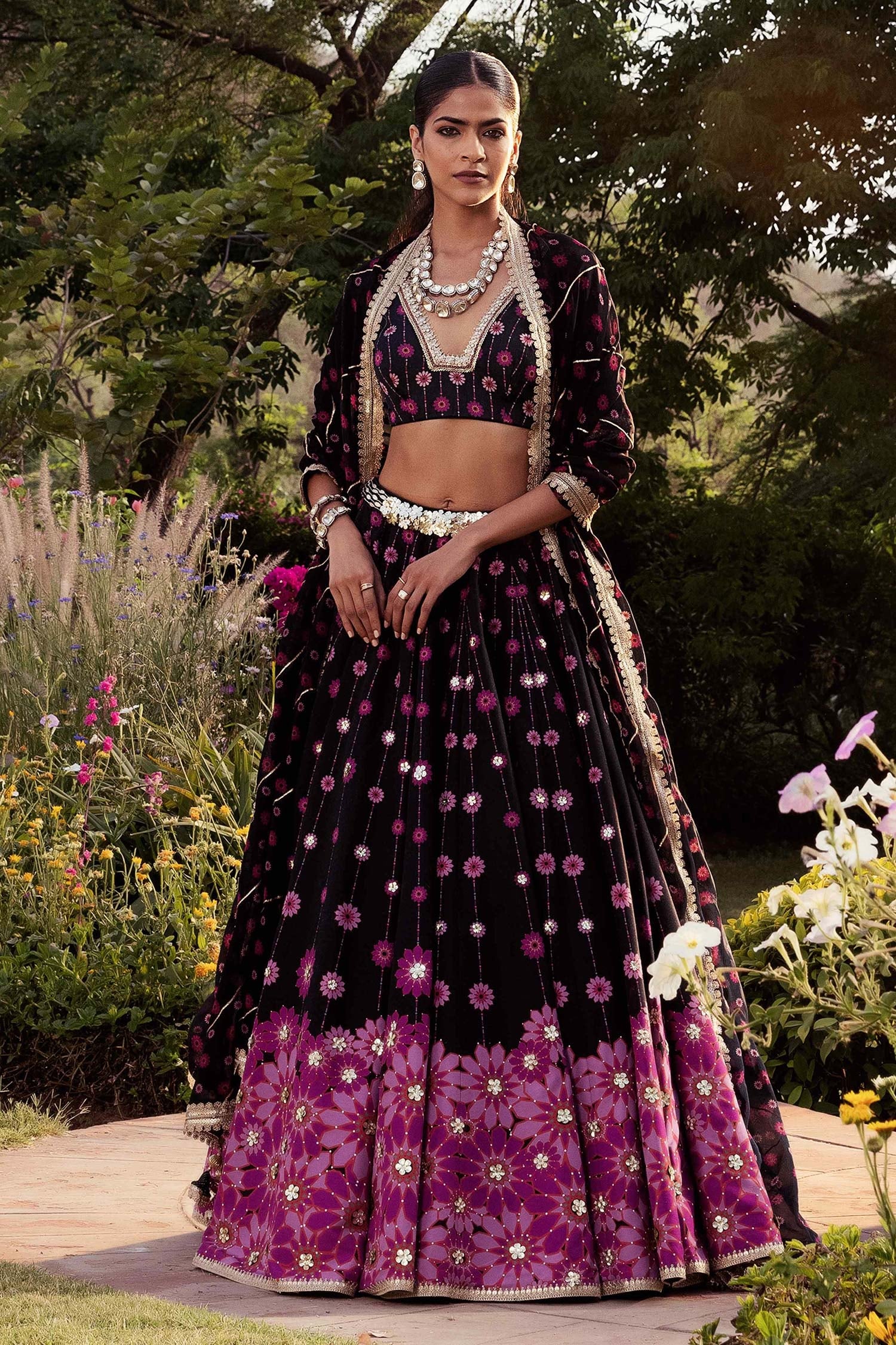 Buy Seeaash Black Nazreen Floral Print Silk Lehenga Set Online | Aza ...