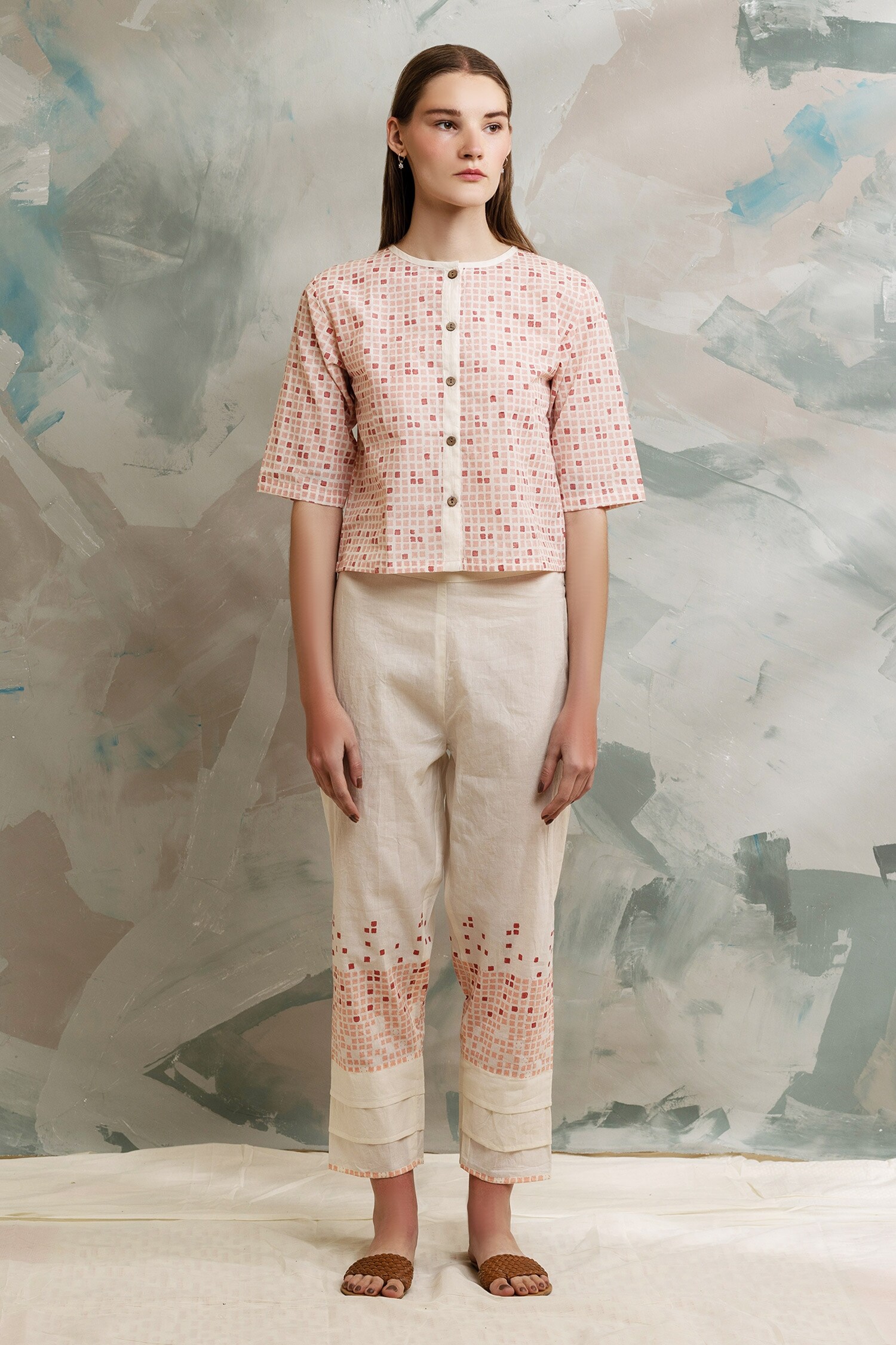 Buy Pink Cotton Printed Geometric Round Button Down Crop Top And Pant ...