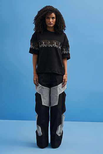 Buy Black Denim Structured Layered Trouser For Women by Siddhant ...