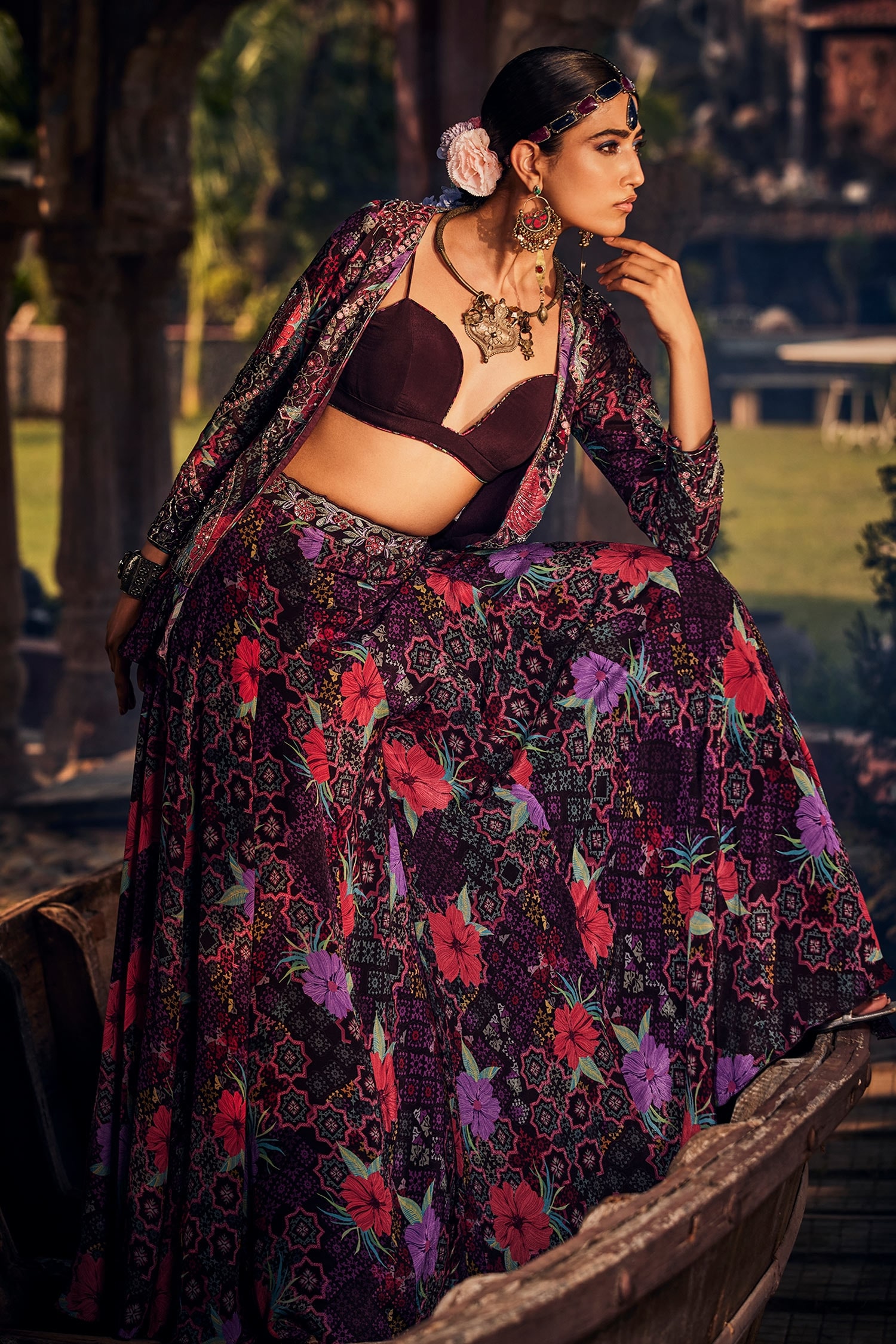 Buy Awigna Wine Crepe Raeza Embellished Jacket Lehenga Set Online | Aza ...
