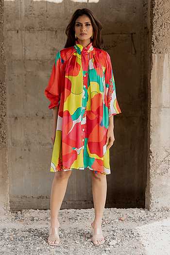Buy Pooja-Keyur Multi Color Satin Bomber Abstract Splash Print Button ...
