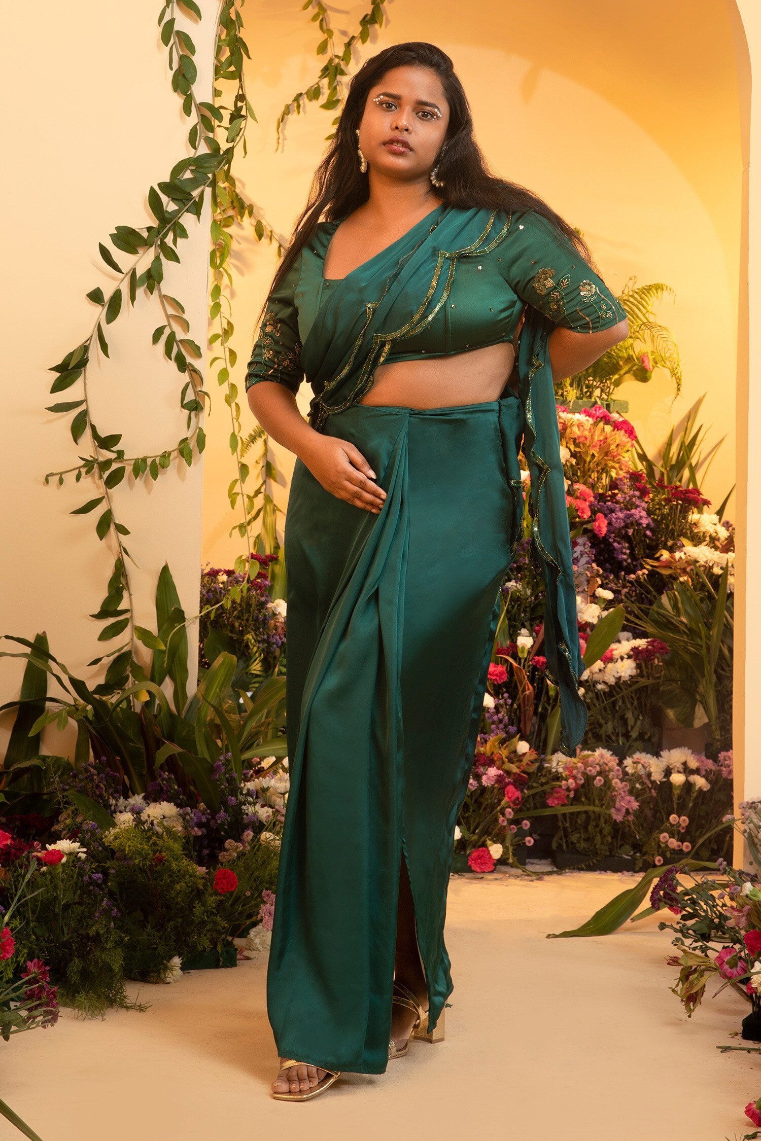 Buy Green Armani Satin Embroidered Sequin And Bead Work Iniya Pleated ...