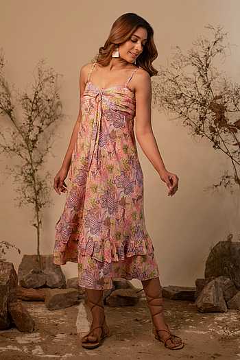 Buy Pink Rayon Staple Printed Floral Sweetheart Neck Ruffle Dress For ...