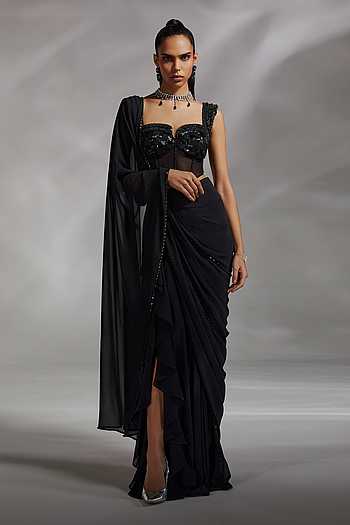 Buy Black Corset Satin And Tulle Hertha Pre draped Saree With Blouse