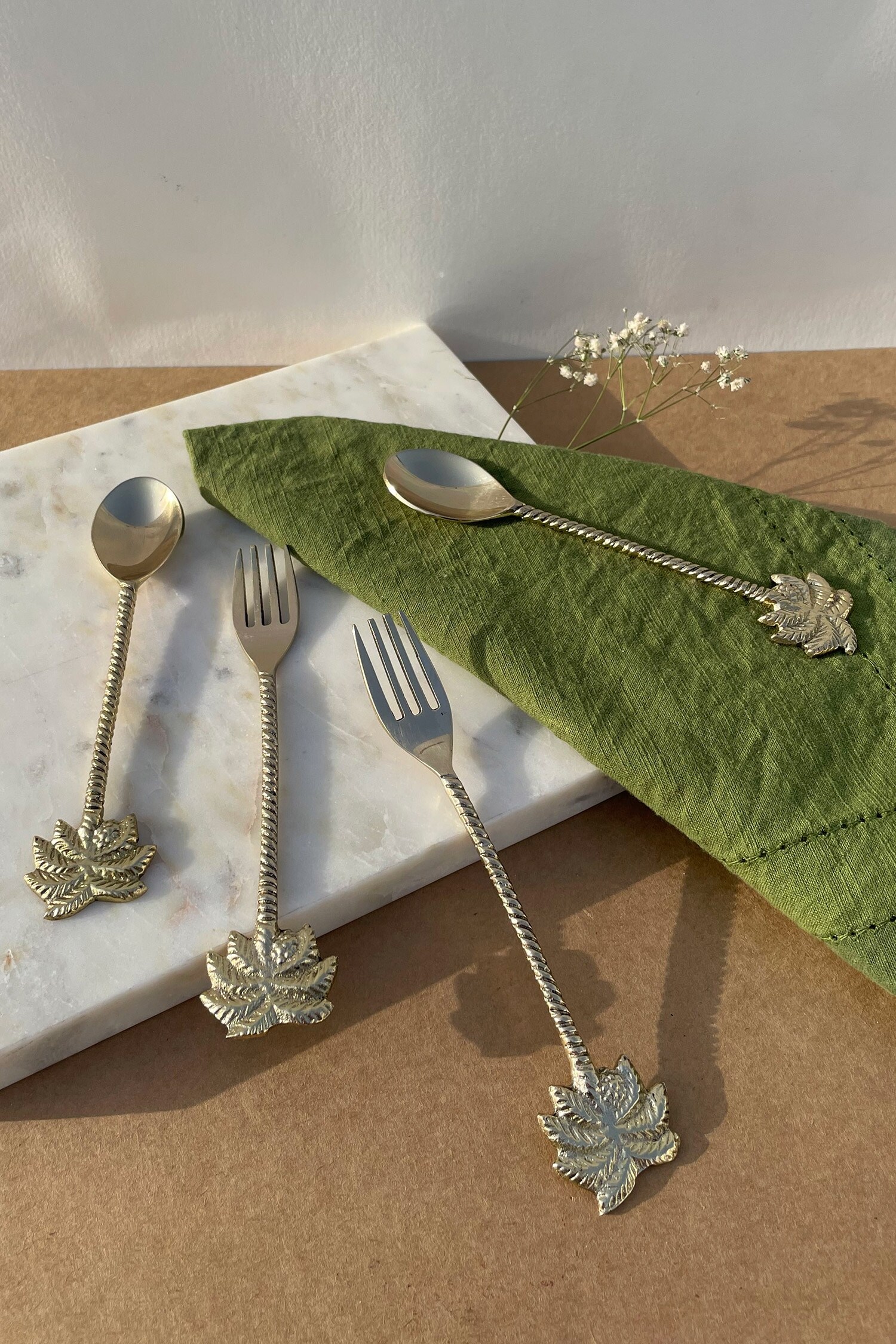 Kaksh Studio Gold Pure Brass In Antique Finish Palm Tree Cutlery Set ...