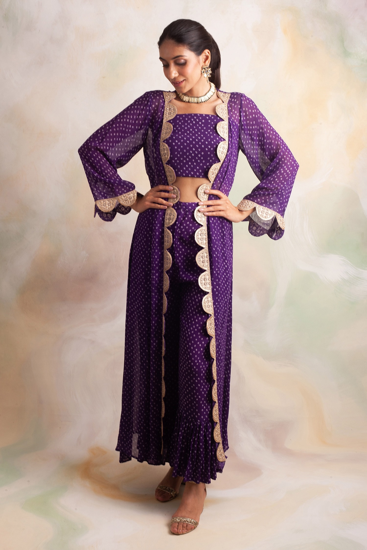 Buy Purple Georgette Bandhani Straight Pattern Jacket With Pant Set For ...