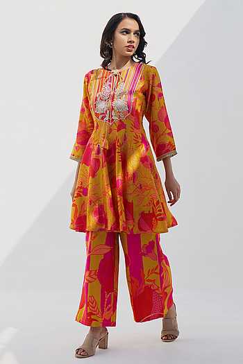 Buy Yellow Silk Embroidered Floral Round Lyssa Pomo Pattern Kali Kurta ...