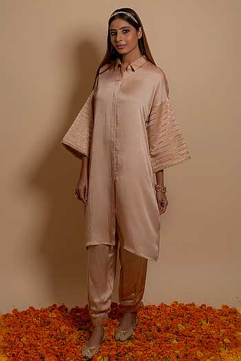 Buy Beige Modal Satin Plain Gota Shirt Collar Ribbon Embroidered Kurta ...