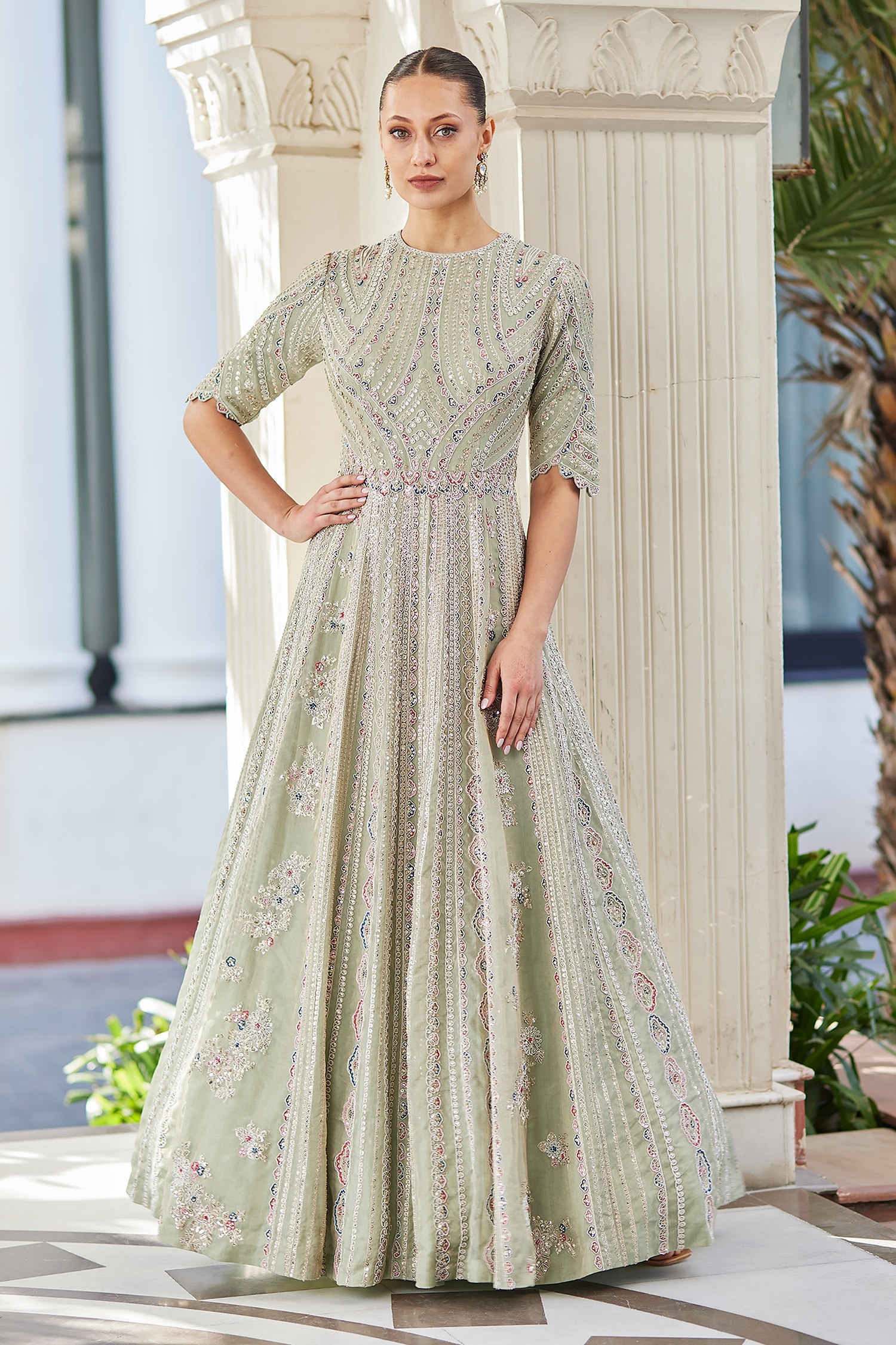 Buy Osaa by Adarsh Blue Tissue Linear Pattern Gown Online | Aza Fashions