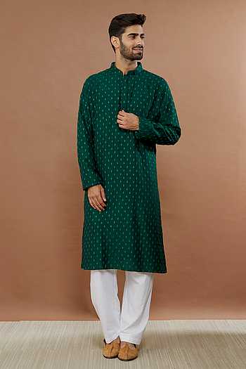 Buy Green Silk Blend Embroidered Floral Maharaja Kurta And Pyjama Set ...