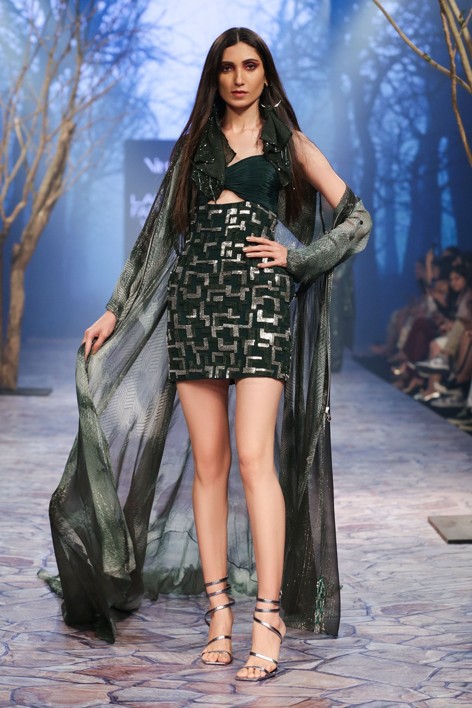 Buy Emerald Green Lurex Printed Abstract Open Cape For Women by ...