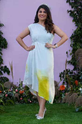Buy Pooja Bagaria Blue Upada Silk Pop Print Dress Online | Aza Fashions