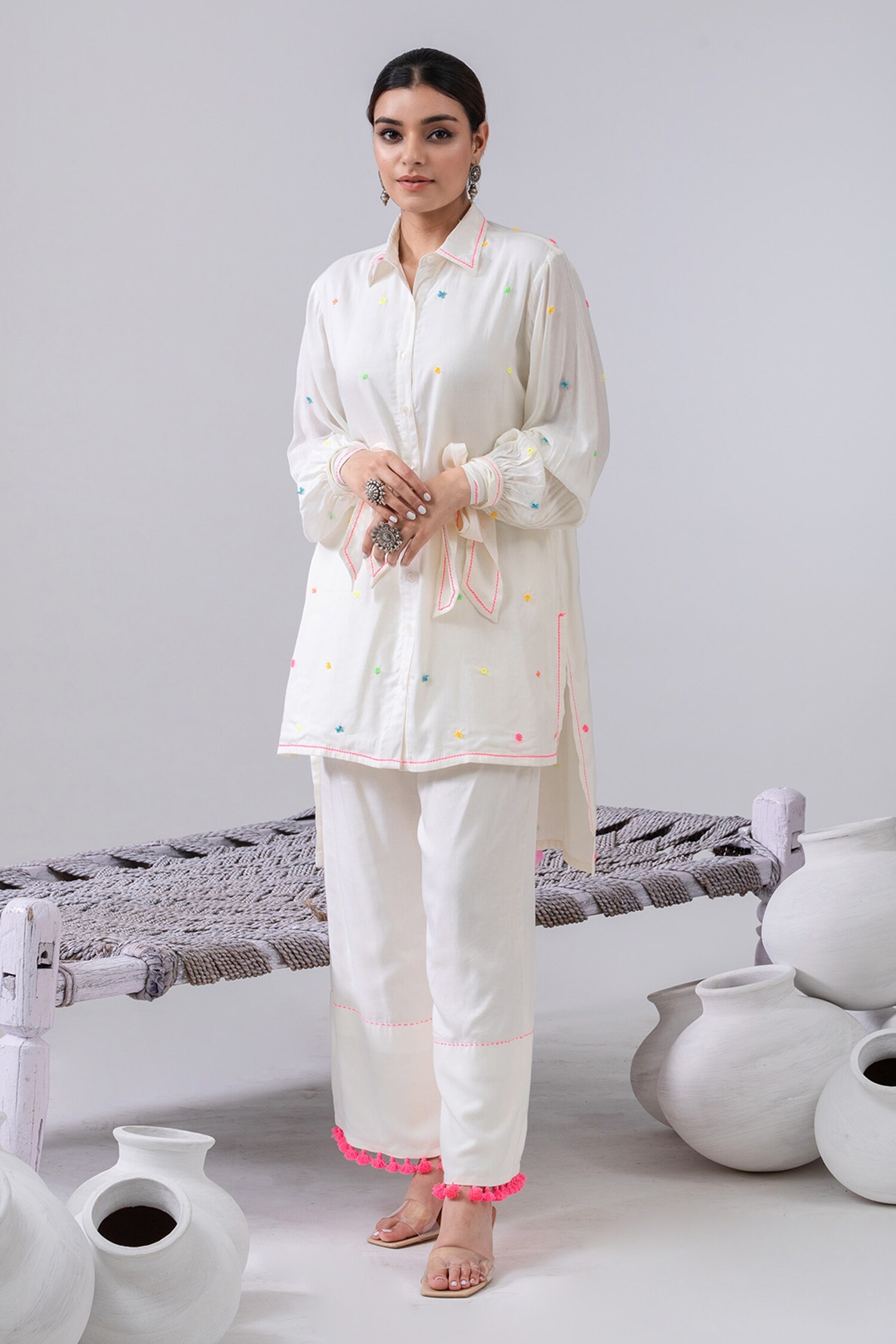 Buy Ivory Cotton Voile Embroidery Thread High Low Kurta And Palazzo Set ...