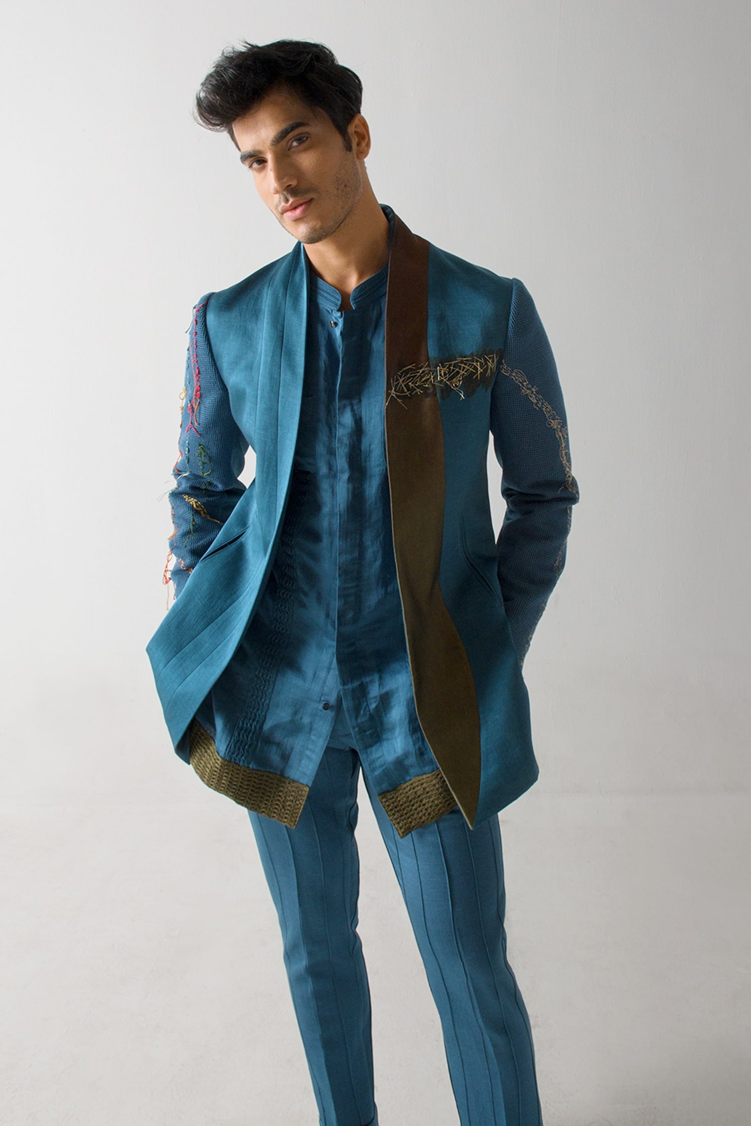Buy Jatin Malik Blue Linen Silk Hand Embroidered Blazer Online | Aza ...