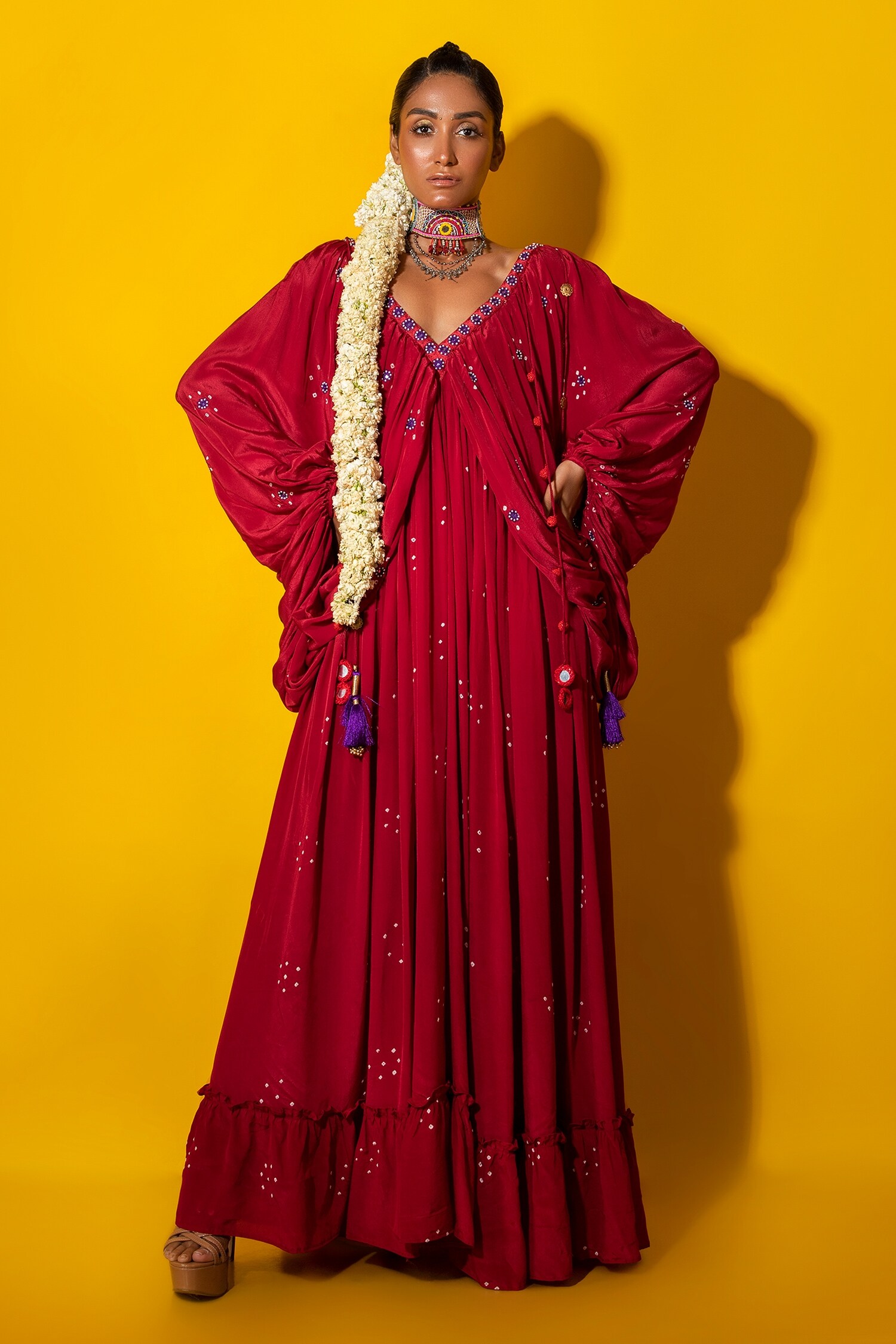 Buy Maroon Anaari Hand Dyed Bandhani Gown For Women by Urban Pataka ...