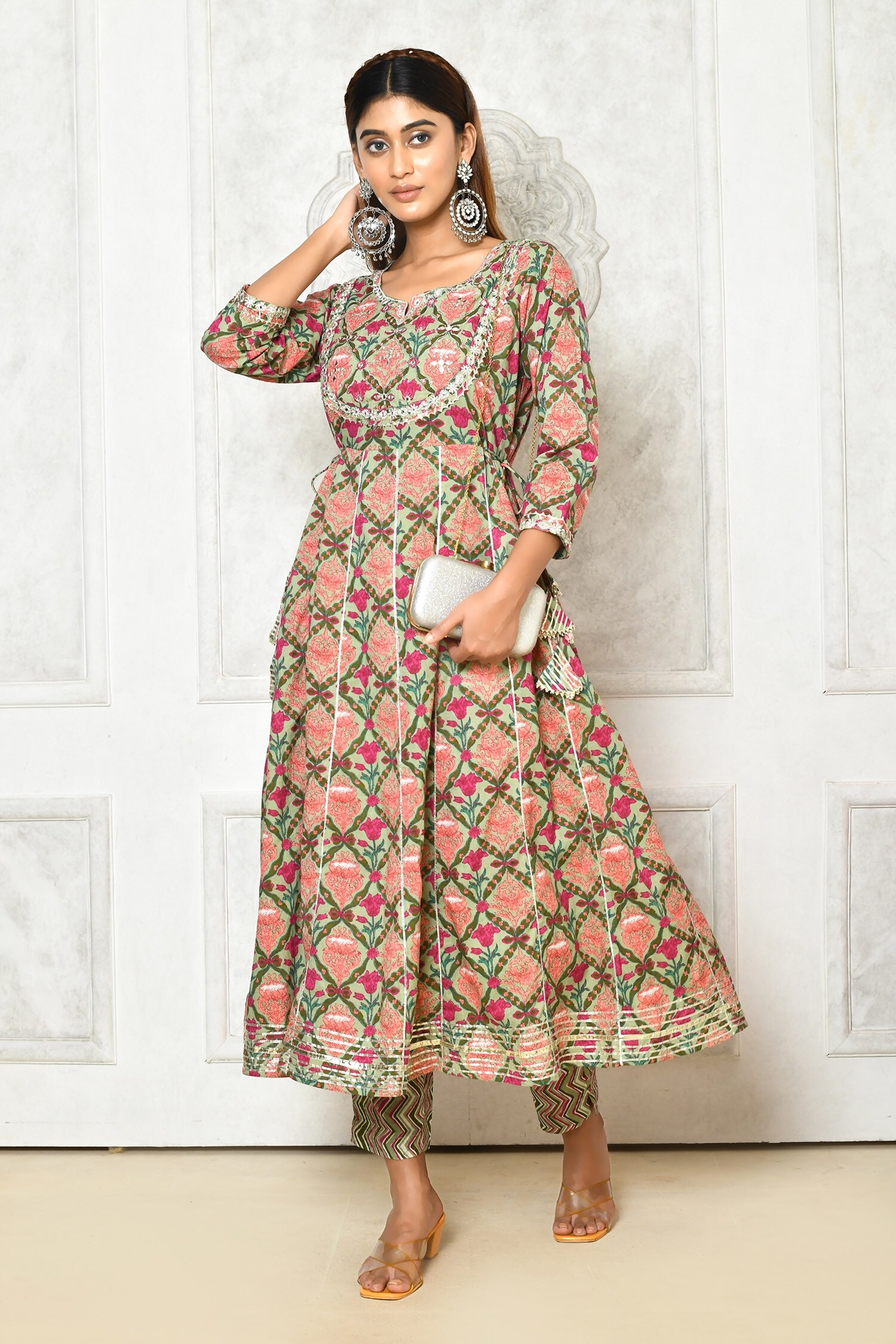 Buy Multi Color Cotton Printed Floral Notched Pattern Anarkali And Pant ...