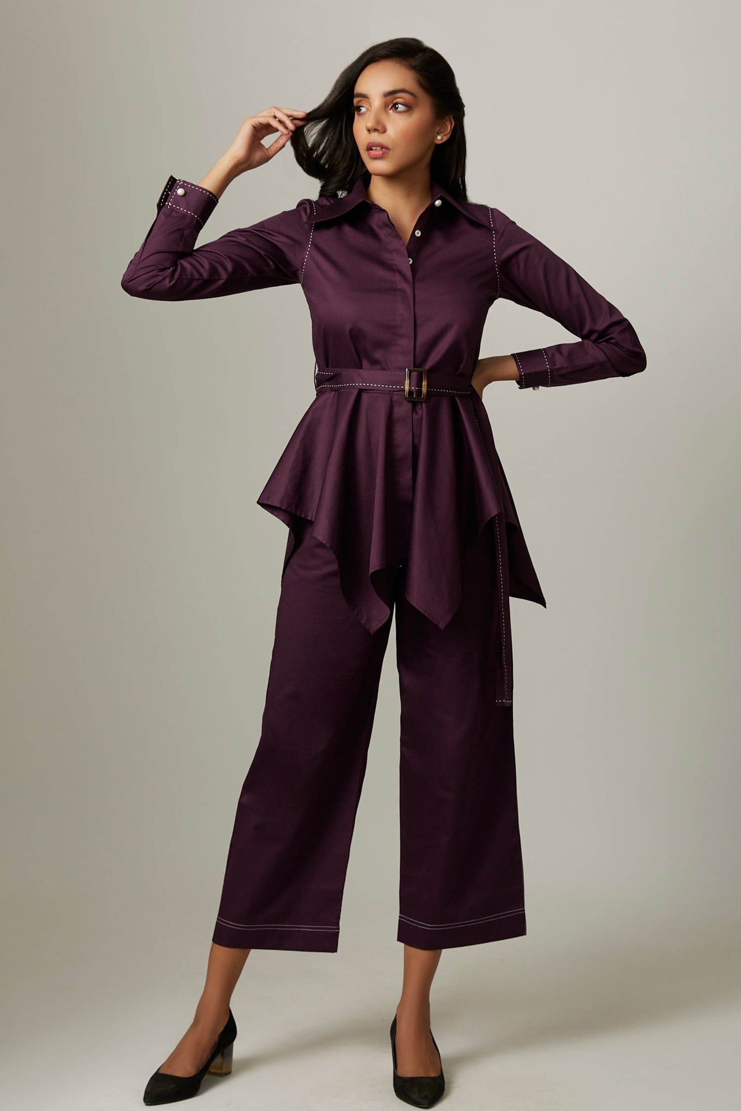 Buy Purple Cotton Satin Embroidered Kantha Collared Handkerchief Shirt ...