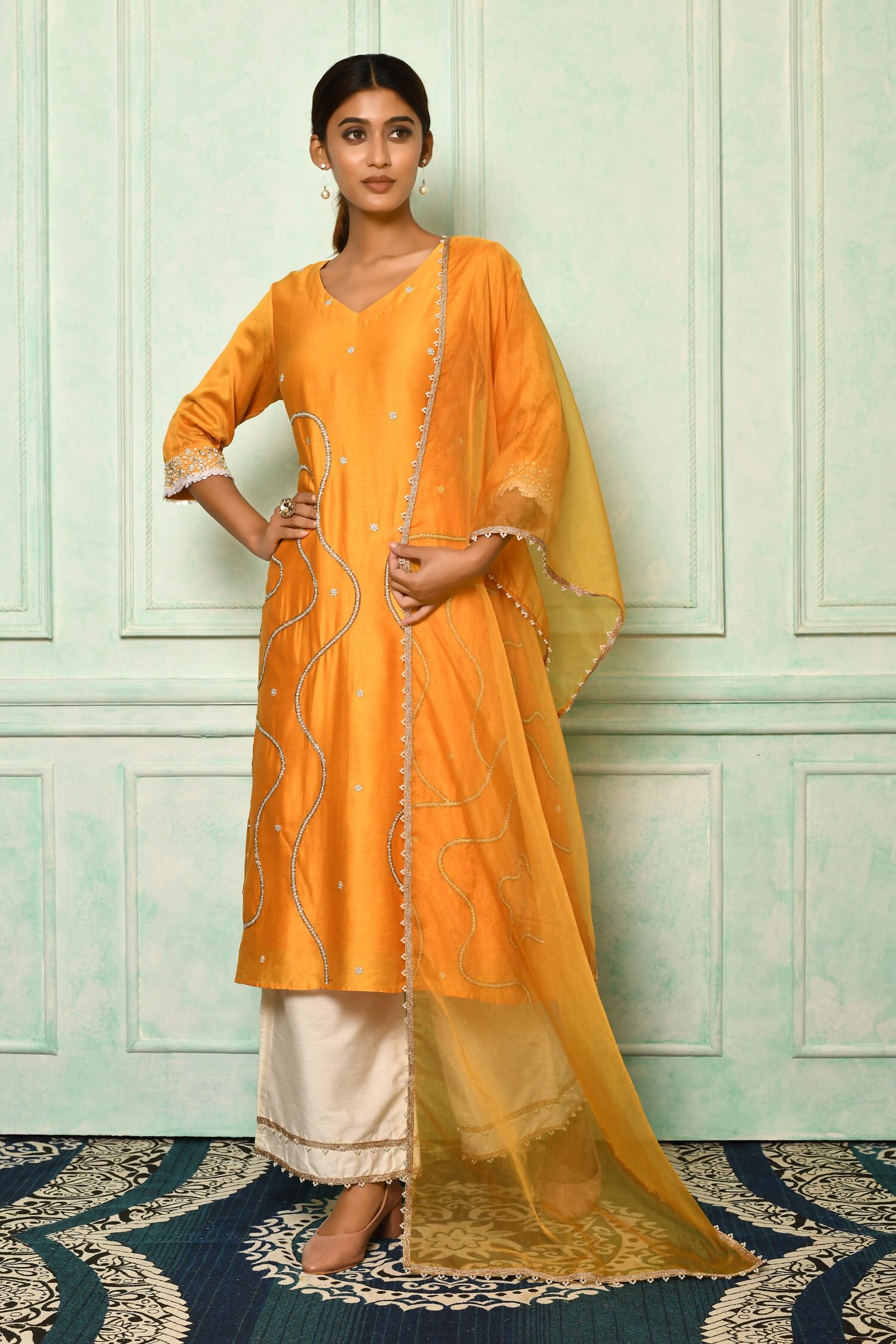 Buy Yellow Kurta Silk Chanderi Embroidery Moti V Neck Set For Women by ...