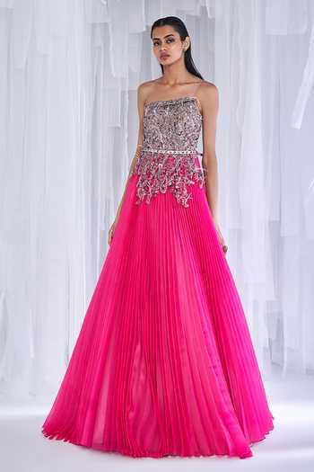 Buy Fuchsia Organza Embellished Sequins Cedar Rose Cluster Gown For ...
