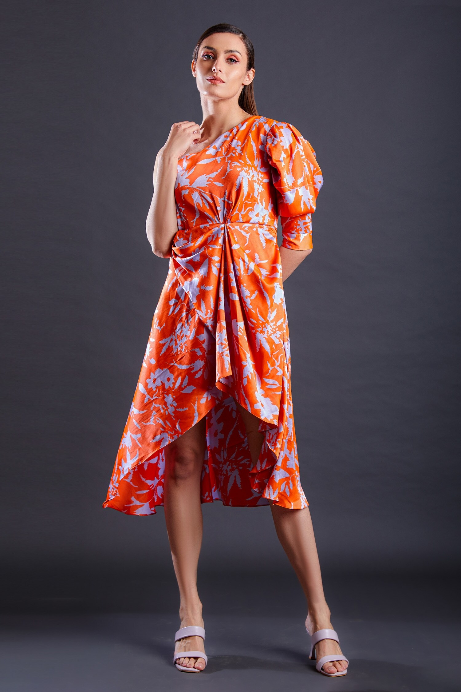 Buy Orange Satin Printed Leaf One Shoulder Tangerine Dress For Women by ...