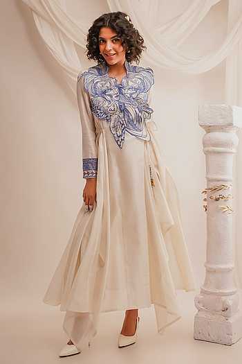 Buy Ivory Silk Chanderi Embroidery Athena V Neck Angrakha And Pant Set ...