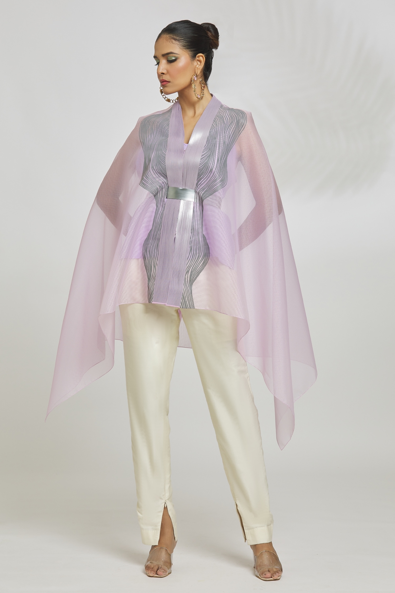 Buy Purple Organza Striper Metallic Wave Pattern Draped Cape Top For ...