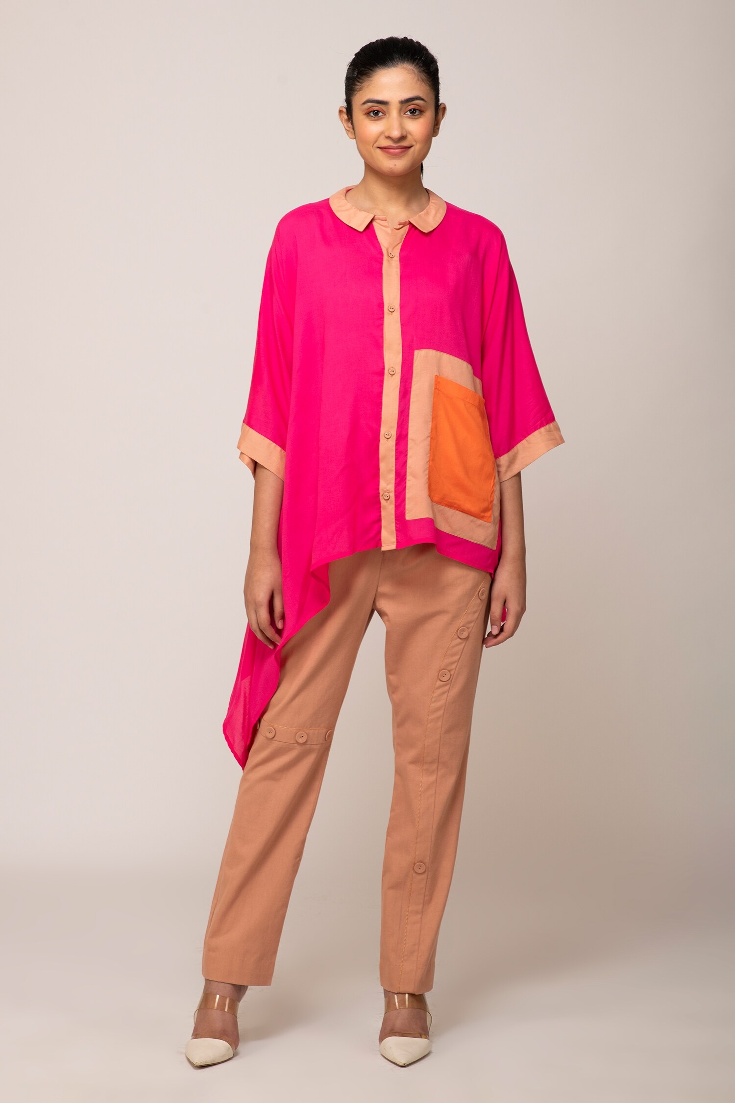 Buy Fuchsia Cotton Modal Flat Collar Champa Color Block Shirt For Women ...