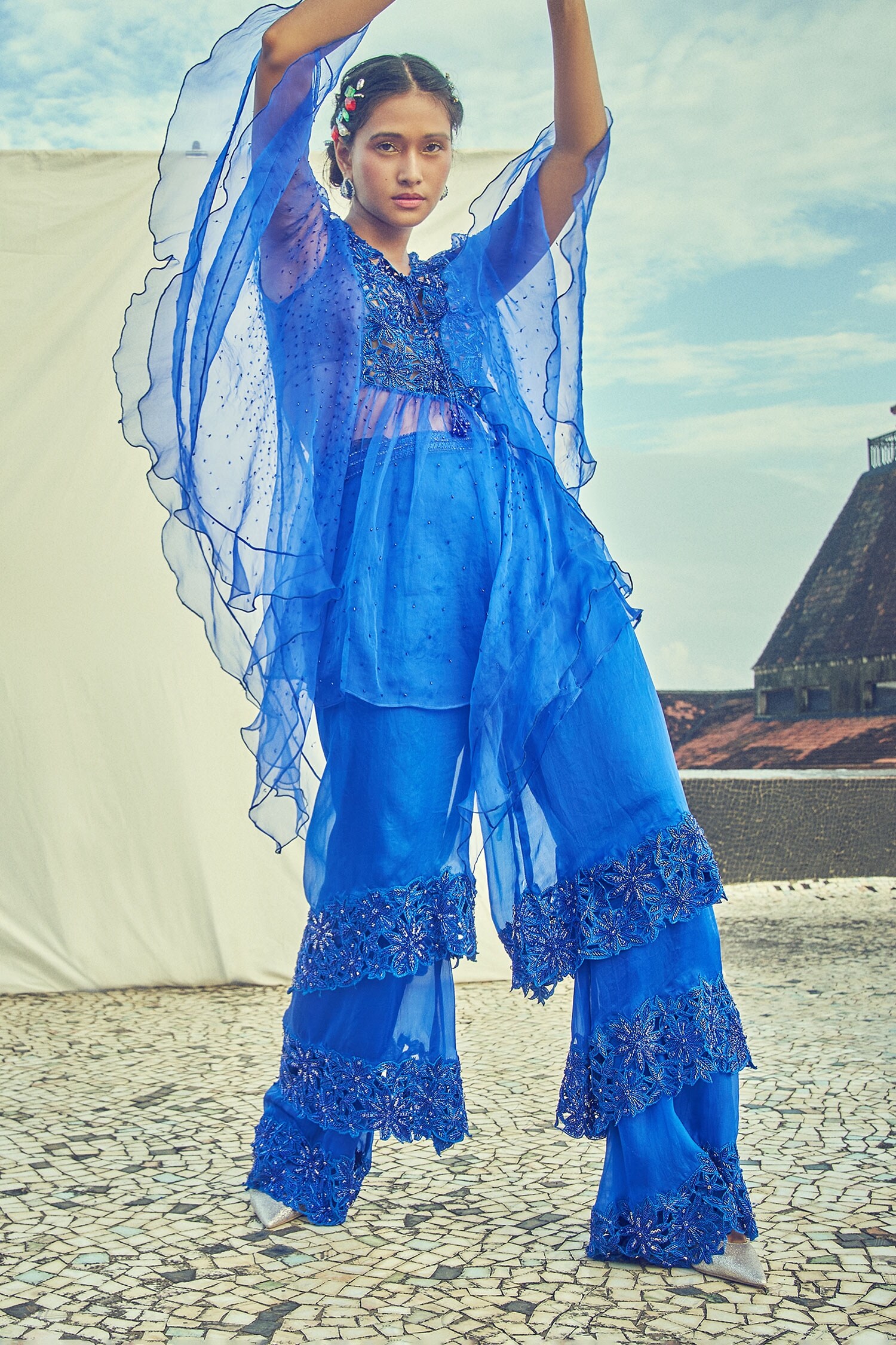 Buy Blue Organza Embroidered Floral V Neck Cutwork Ruffled Kaftan Tunic ...