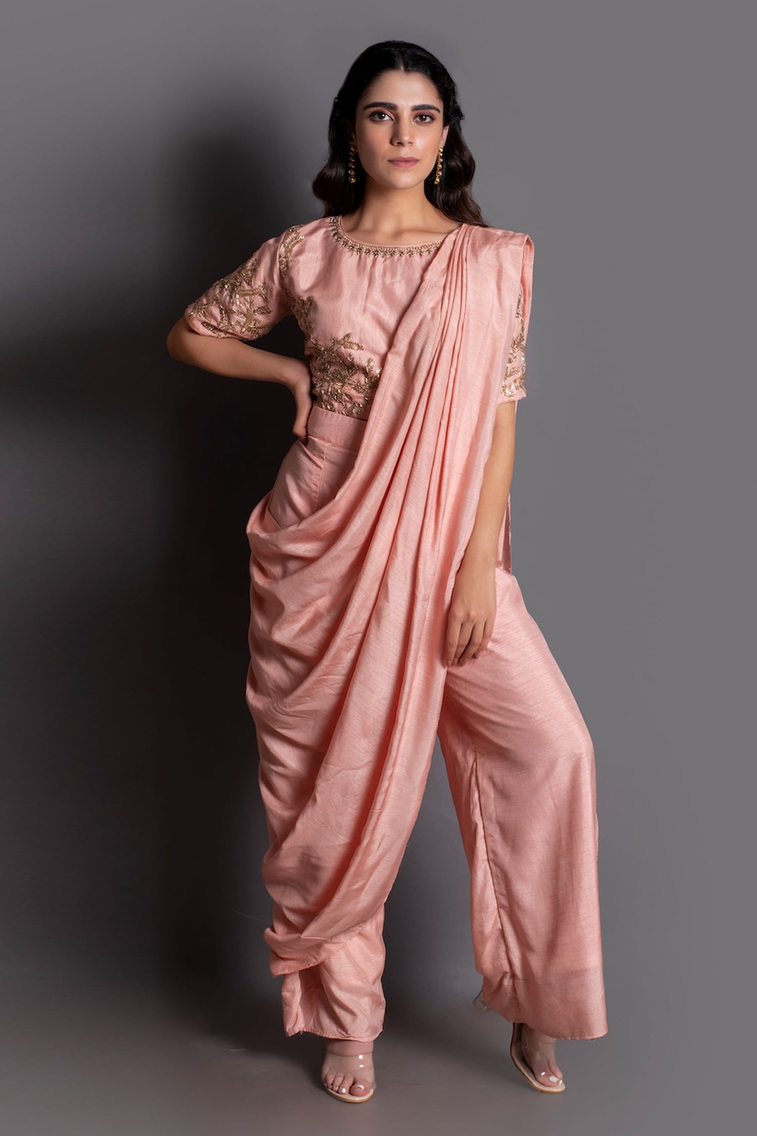 Buy Pink Bamberg Silk (80 Grams) Embroidery Zari Pant Saree With Blouse ...