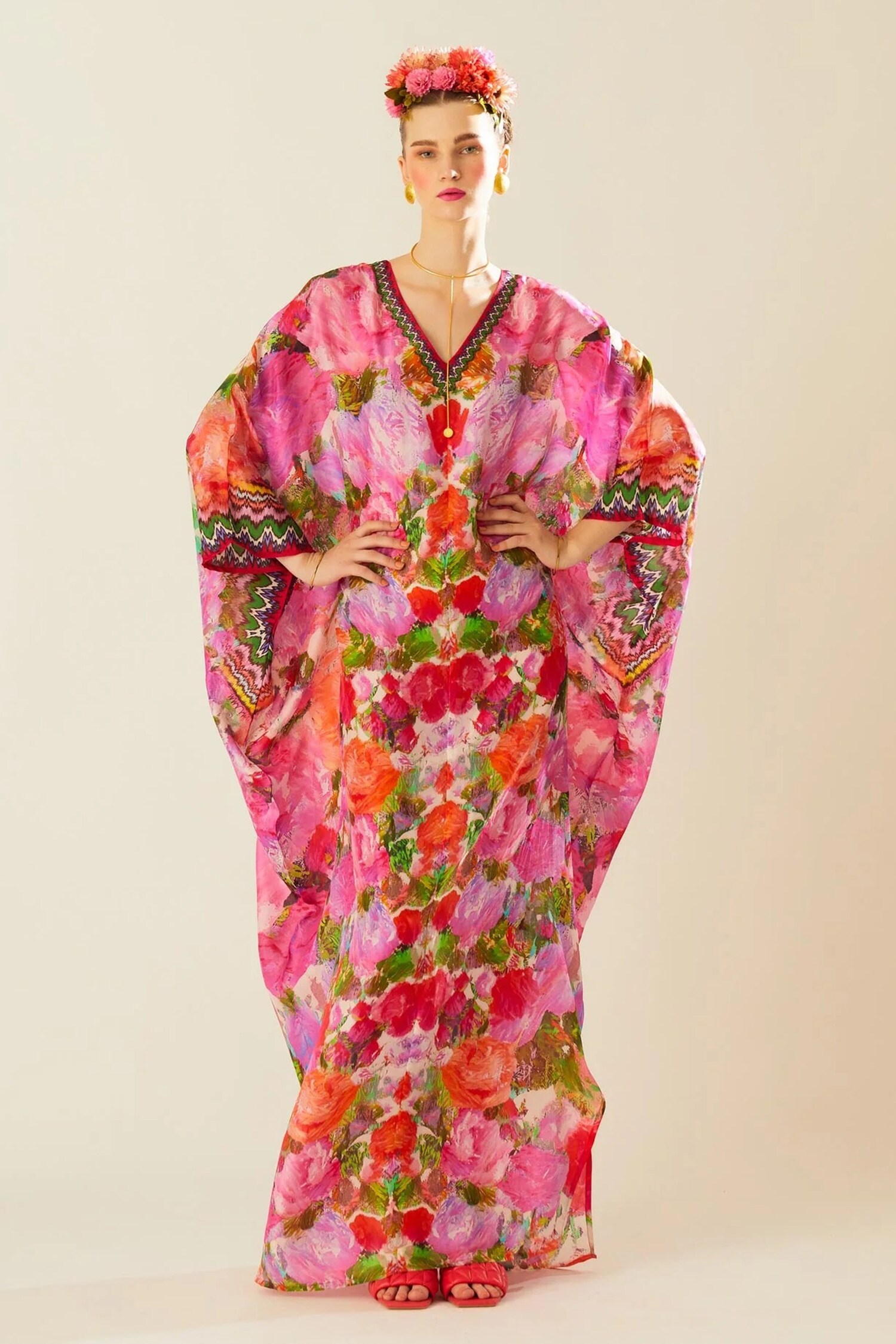 Buy Coral Silk Printed V Neck Verusha Kaftan For Women by Rajdeep ...