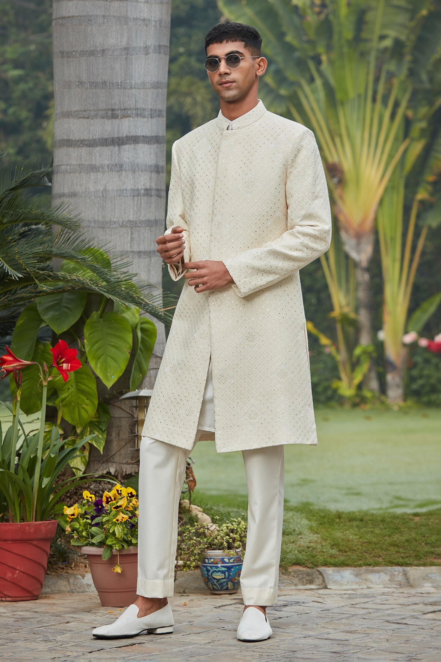 Buy Cream Achkan Georgette Embroidery Adyat Set For Men by Bohame ...