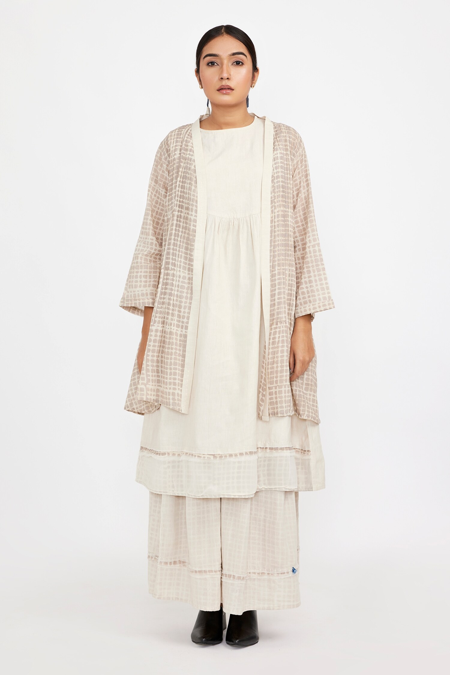 Buy White Cotton Handblock Print Checks Robe: Checkered Belted Skirt ...