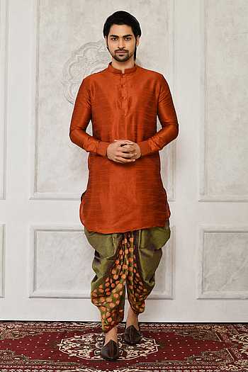 Buy Orange Dupion Silk Printed Tree Kurta And Dhoti Pant Set For Men by ...