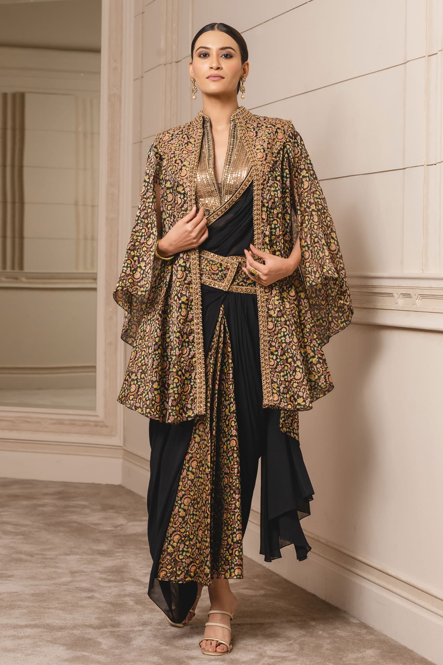 Buy Black Silk Satin Organza Embroidered Kashida Open Cape For Women by ...