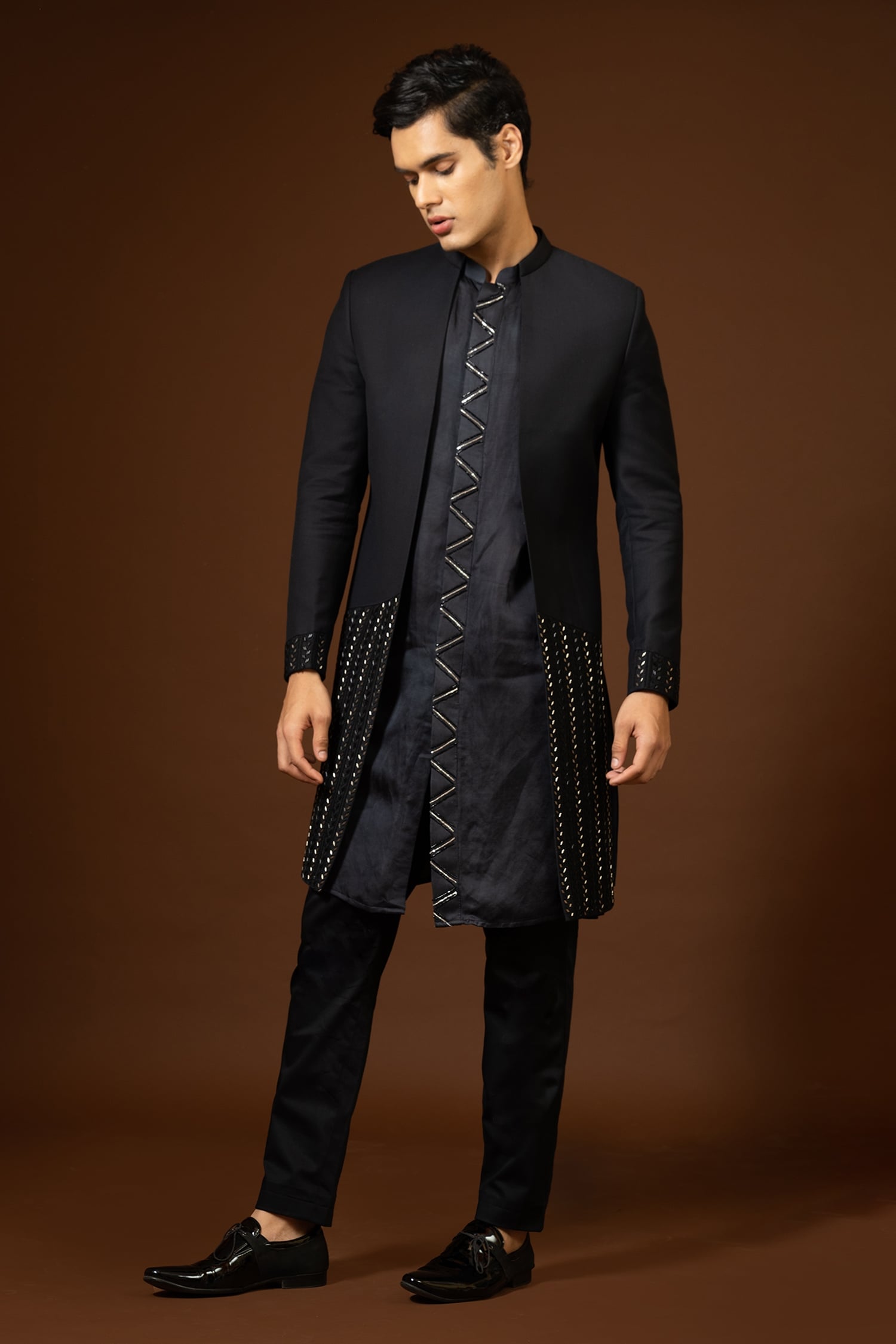 Buy Blue Terry Cotton Embroidered Pipe Panelled Achkan Kurta Set For ...