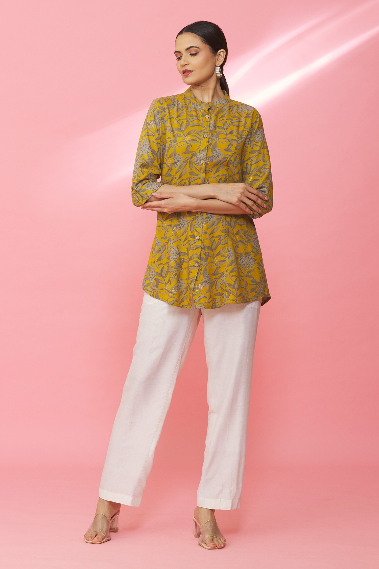 Buy Yellow Modal Chanderi Printed Floral Mandarin Tab Sleeve Flower ...