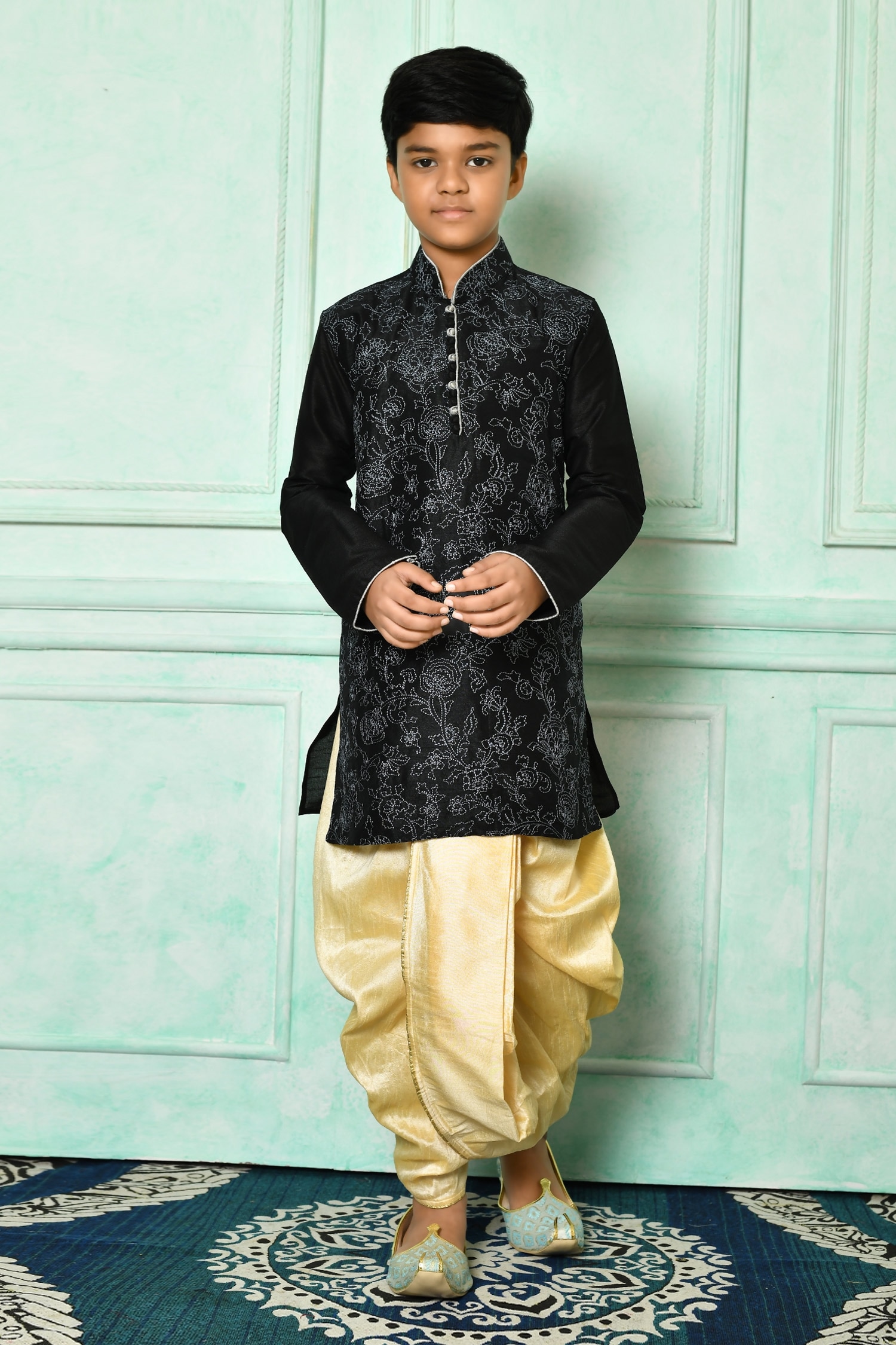 Buy Arihant Rai Sinha Black Scatter Floral Pattern Kurta With Dhoti ...