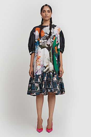 Buy Black Cotton Poplin Printed Digital Round Aiko Dress For Women by ...