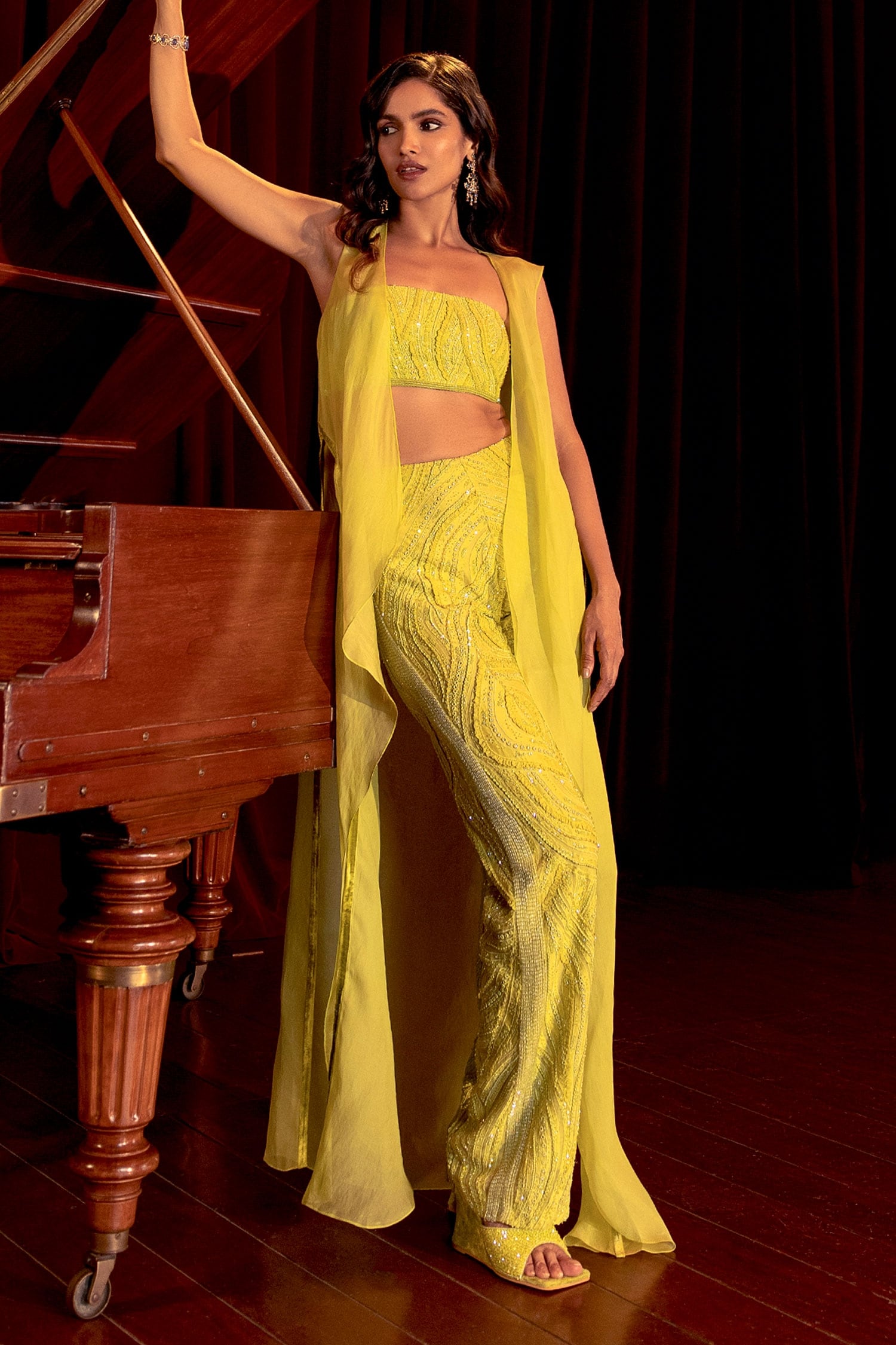 Buy Green Jacket And Pant - Organza Embroidery Abstract Crop Aylin Set ...