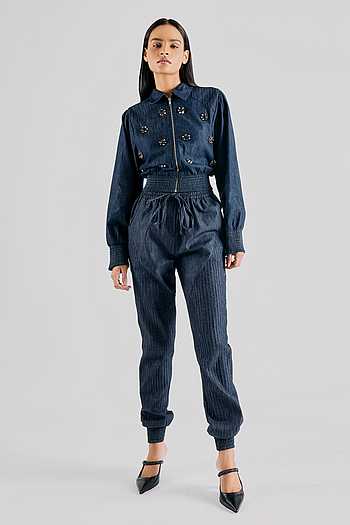 Buy Blue Tencel Denim Embellishment Shirt Collar Bomber Jacket And Pant ...