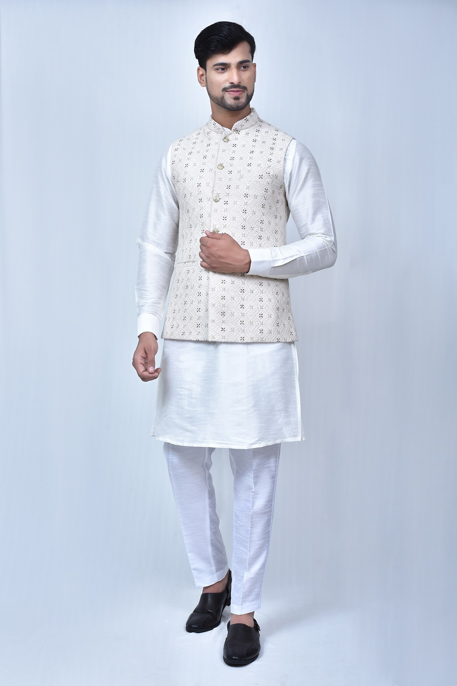 Buy Cream Kurta And Pant: Art Silk Embroidered Floral Patterns Bundi ...