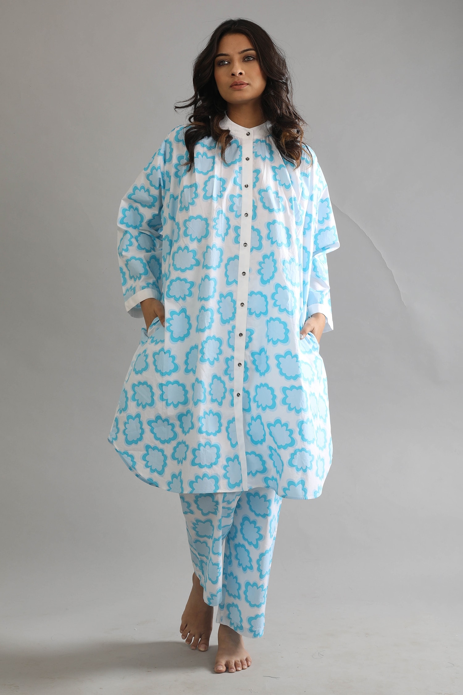 Buy KHAT White Poplin Cotton Flower Print Shirt Kurta And Pant Set ...