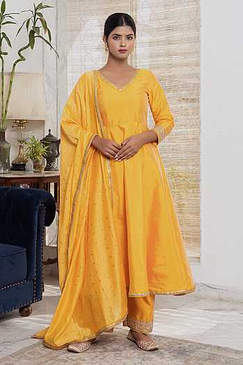 Buy Rivaaj Clothing Yellow Silk Full Sleeve Anarkali Set Online | Aza ...