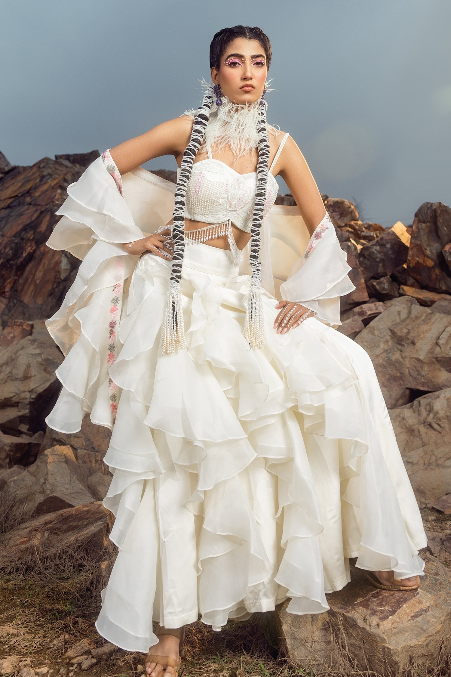 Buy Ivory Organza Embroidery Pearl Sweetheart Neck Bustier Pant Set For ...