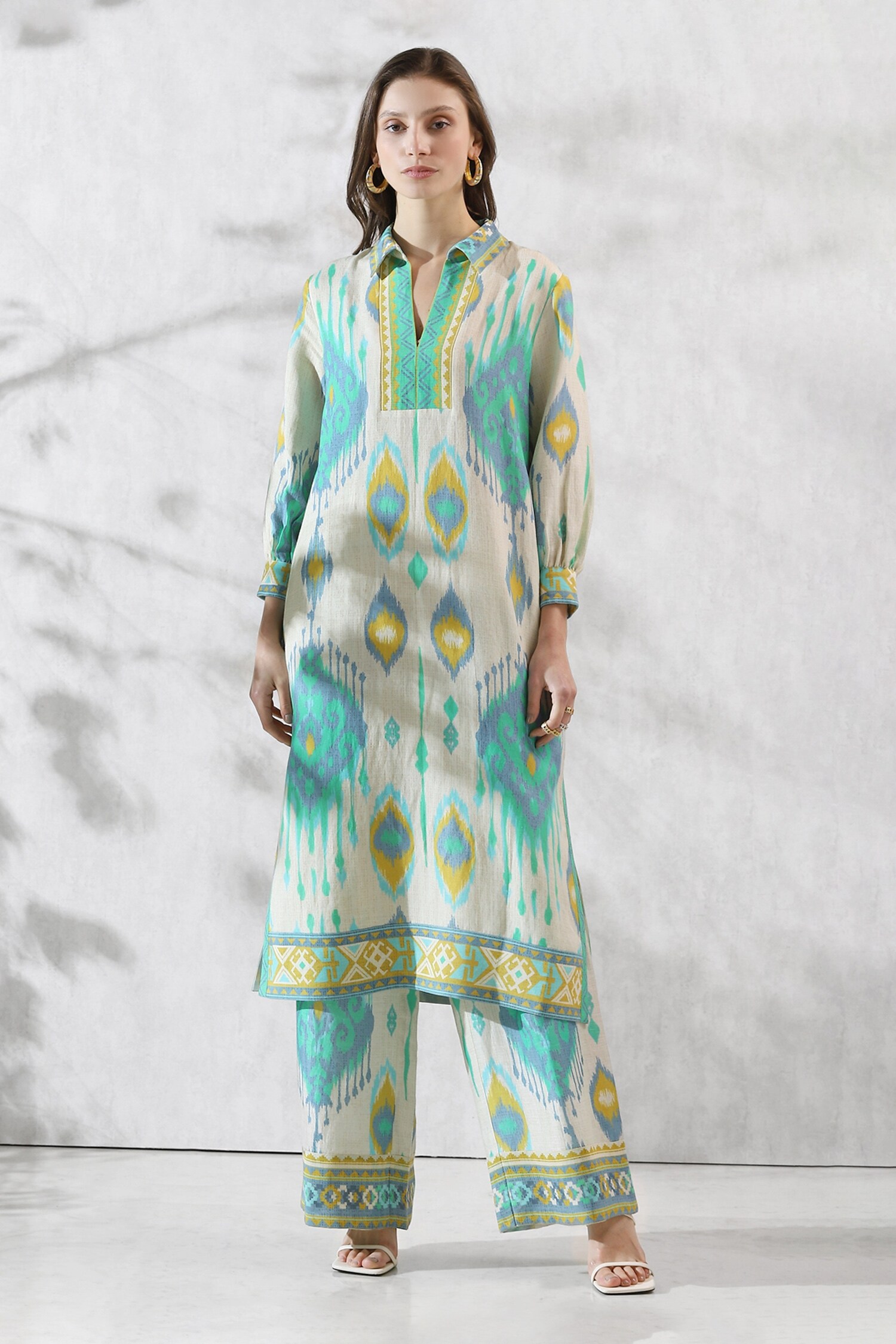 Buy Multi Color Linen Viscose Printed Ikat Shirt Collar Tunic For Women ...
